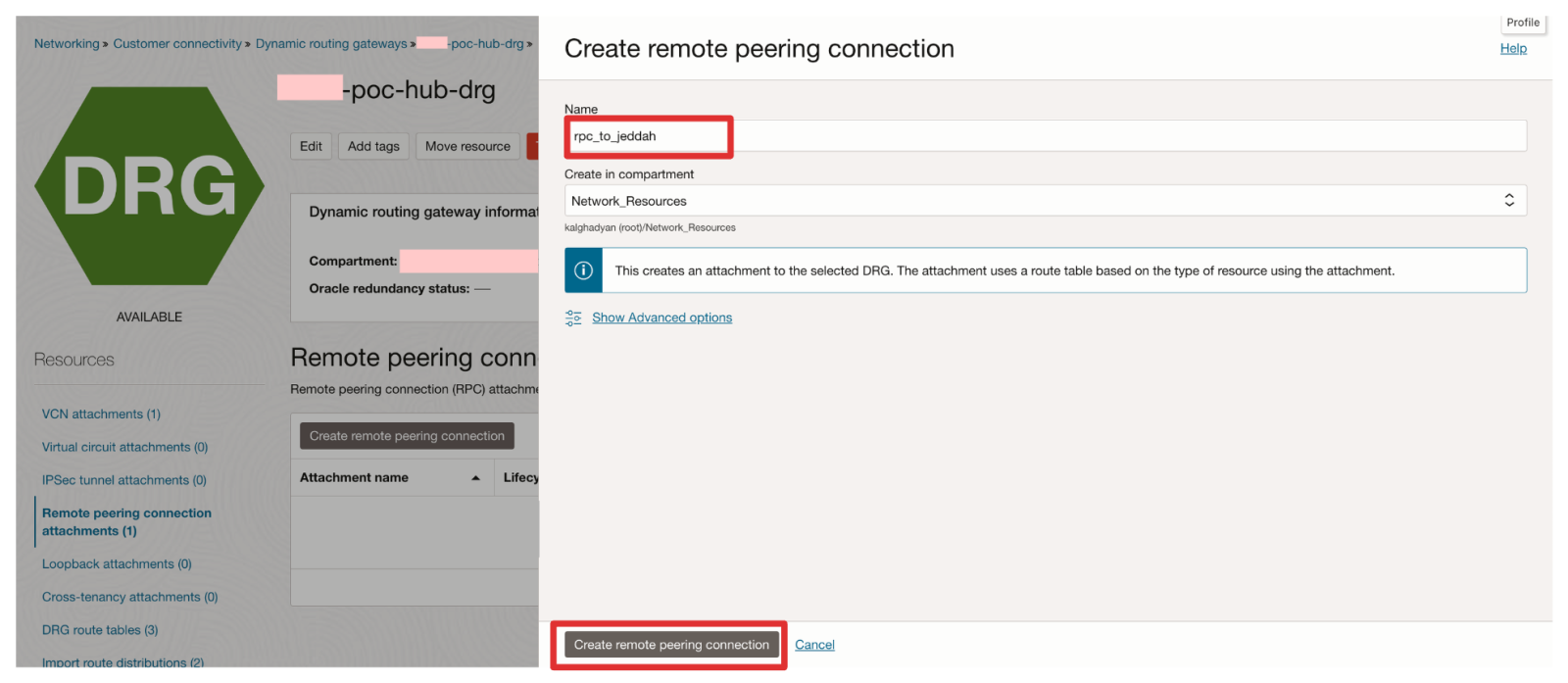 Set up an RPC connection between two Tenants and two DRG - Iwan